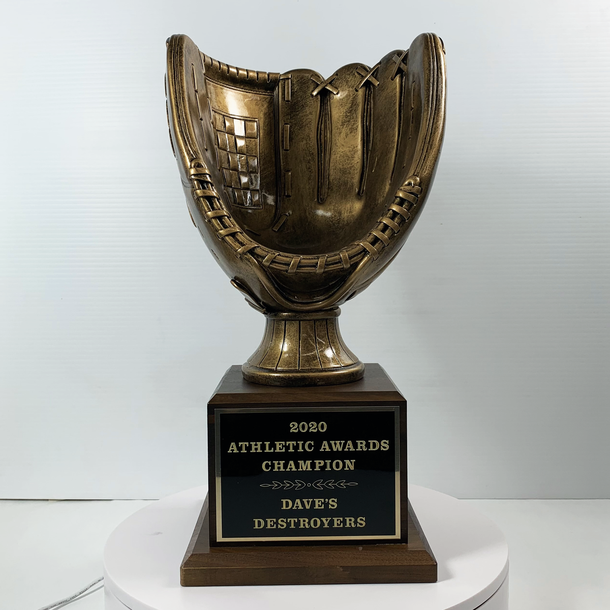 Antique Gold Glove Resin on Walnut Base Trophy by Athletic Awards