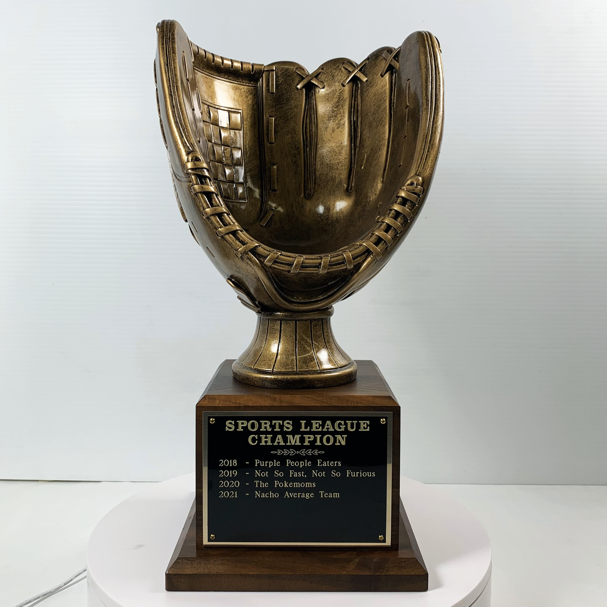 Antique Gold Glove Resin on Walnut Base Trophy by Athletic Awards